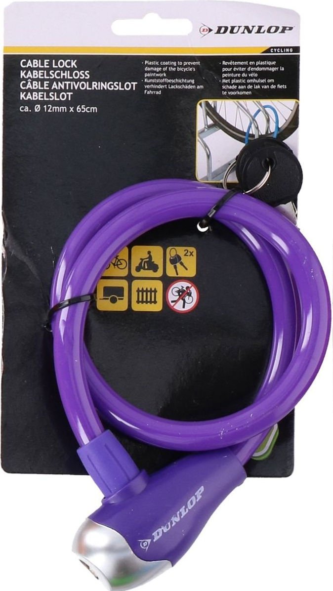 Zapięcie rowerowe spiralne na klucz 1,2x65cm Dunlop - fioletowy