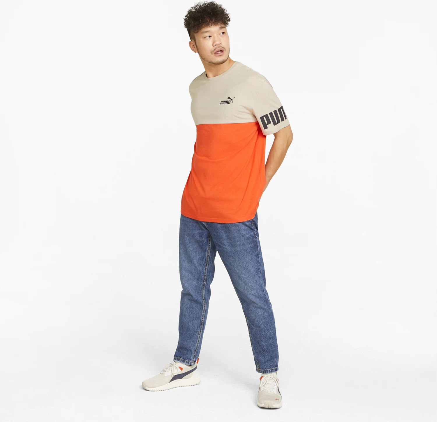 Koszulka męska Power Colorblock Tee II Puma - beżowa/pomarańczowa