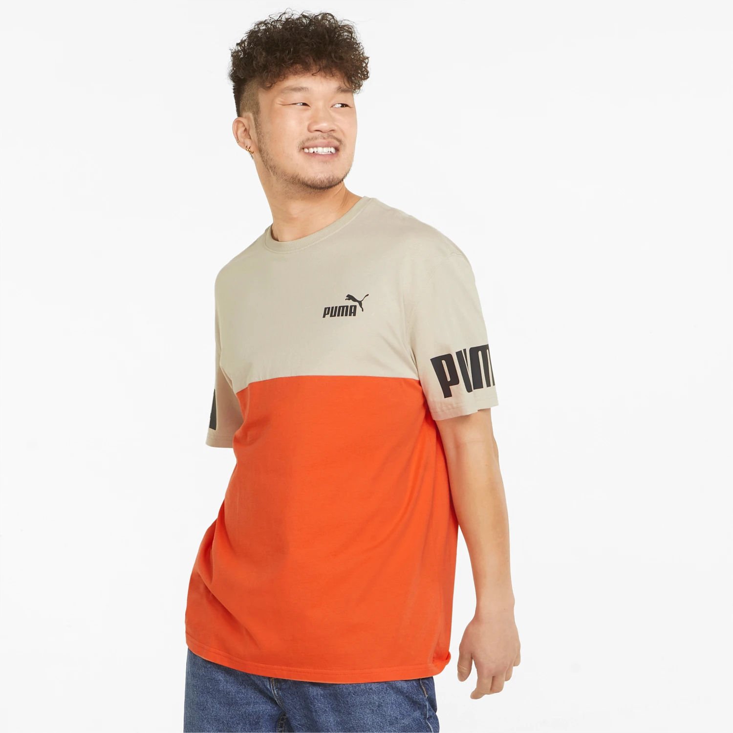 Koszulka męska Power Colorblock Tee II Puma - beżowa/pomarańczowa