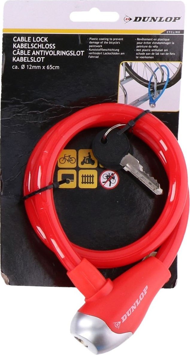 Zapięcie rowerowe spiralne na klucz 1,2x65cm Dunlop - czerwony