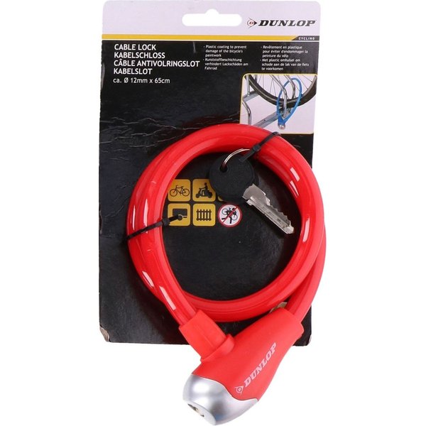 Zapięcie rowerowe spiralne na klucz 1,2x65cm Dunlop - czerwony